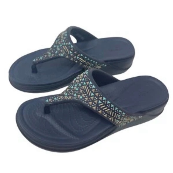 CROCS | Shoes | Crocs Boca Medallion Size Womens 7 Navy Blue Wedge Flip ...